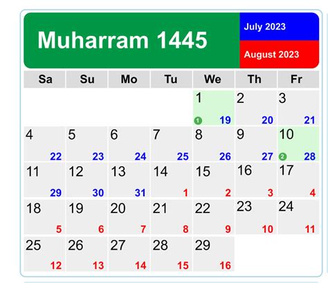 Islamic Hijri Wall Calendar 1445 AH With Colour Coded Gregorian Dates