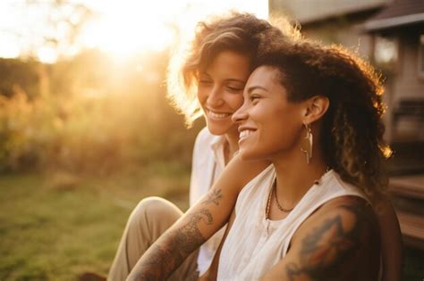 日没時に庭で座って抱き合う異人種間のレズビアンのカップル プレミアム写真