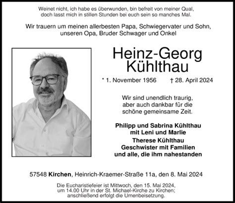 Traueranzeigen von Heinz Georg Kühlthau rz trauer de