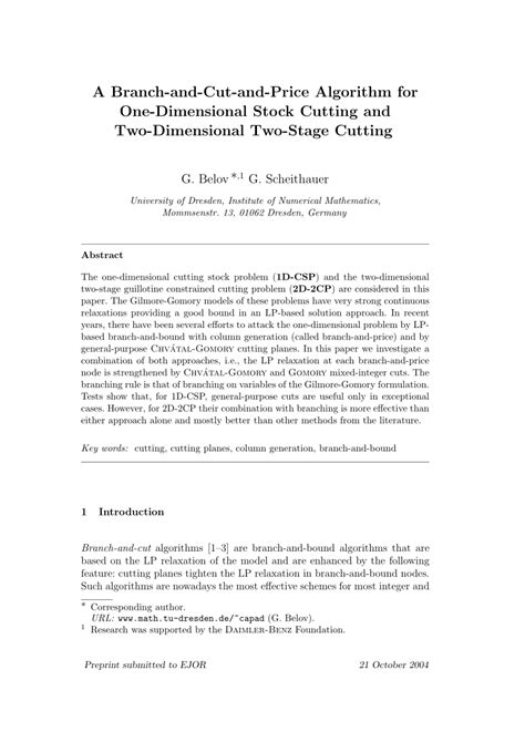 pdf a branch and cut and price algorithm for one dimensional stock cutting and two dimensional