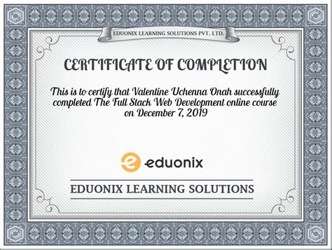 completion certificate for the full stack web development