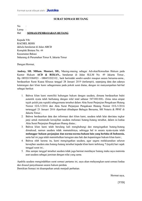 Surat Somasi Hutang Format Surat Dibuat Oleh SURAT SOMASI HUTANG No