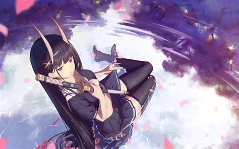 Anthropomorphism Azur Lane Black Hair Demon Horns Katana Kiek Qaq Long Hair Noshiro Azur Lane