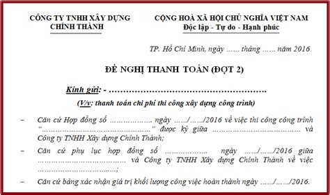 Tham khảo giấy đề nghị thanh toán hợp đồng xây dựng