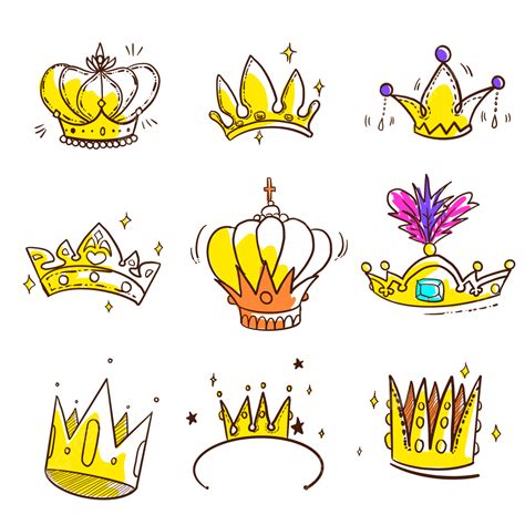Crown Doodle PNG Transparent Line Drawing Style Cartoon Gold Crown