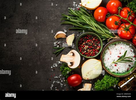 Food Cooking Background On Black Kitchen Table Stock Photo Alamy