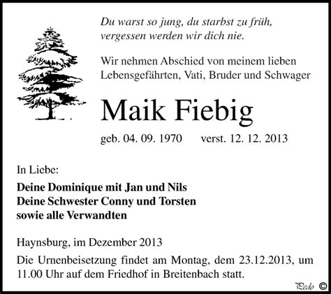 Traueranzeigen Von Maik Fiebig Abschied Nehmen De
