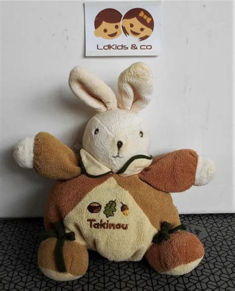 DOUDOU PELUCHE TAKINOU LAPIN BOULE BLANC MARRON BEIGE FEUILLE GLAND