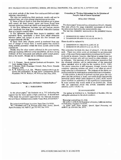 correction to fortran subroutines for the solution of toeplitz sets of linear equations ieee