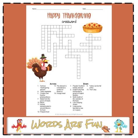 FREE THANKSGIVING Crossword Puzzle Handout Fun Activity Made By Teachers