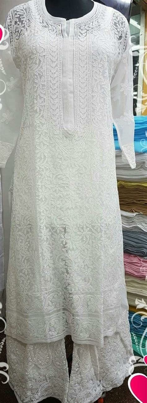 Lucknow Chikankari FREE INNER Georgette Tunic Chikan Long Kurti White