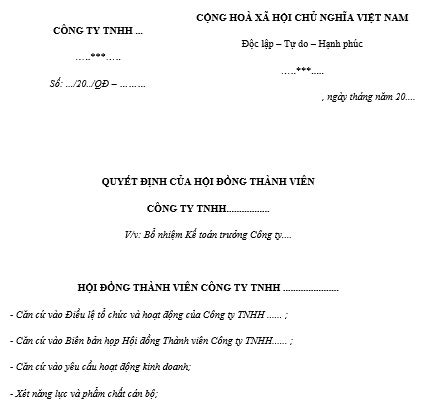 Mẫu Quyết định bổ nhiệm Kế toán trưởng Công ty trách nhiệm hữu hạn 2