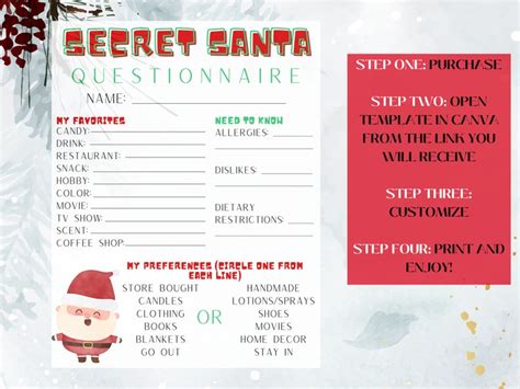 Secret Santa Questionnaire Template Editable Secret Santa Preferences
