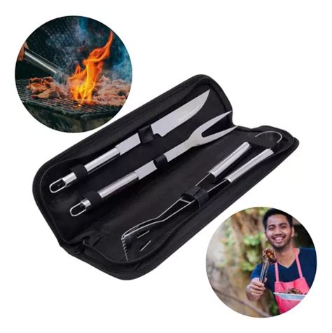 Kit Churrasco Inox 3 Pçs C maleta Organizadora Churrasqueiro