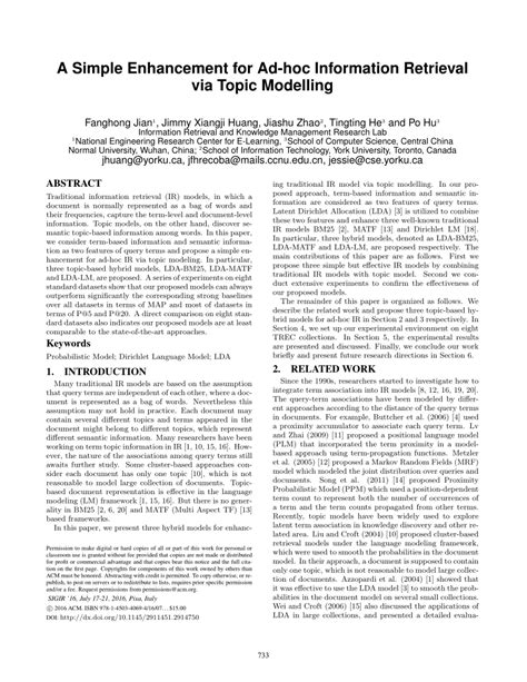 pdf a simple enhancement for ad hoc information retrieval via topic modelling