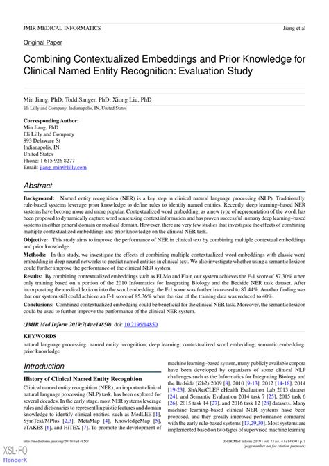 pdf combining contextualized embeddings and prior knowledge for clinical named entity