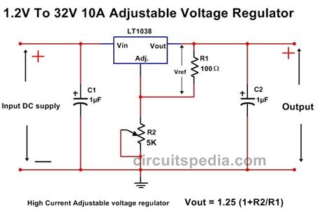 10A High Current Adjustable Voltage Regulator Circuit Diagram With LT1038