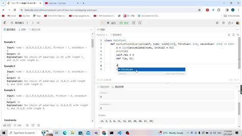leetcode 1031 maximum sum of two non overlapping subarrays prefix sum youtube