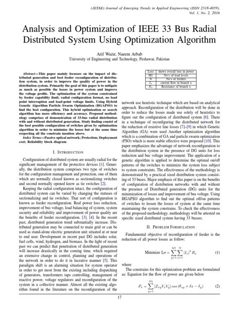 analysis and optimization of ieee 33 bus radial distributed system using optimization algorithm