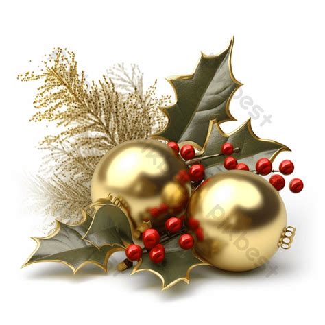 Golden Christmas Balls With Leaf And Berry 3d Decoration PNG Images