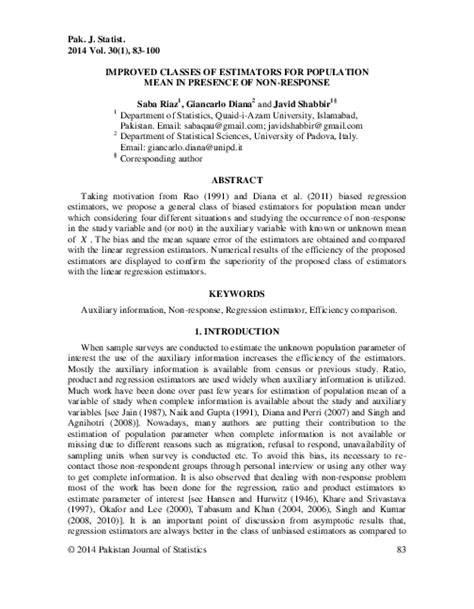 pdf improved classes of estimators for population mean in presence of non response javid