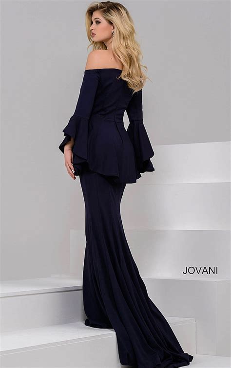 Jovani Navy Off The Shoulder Bell Sleeve Peplum Dress