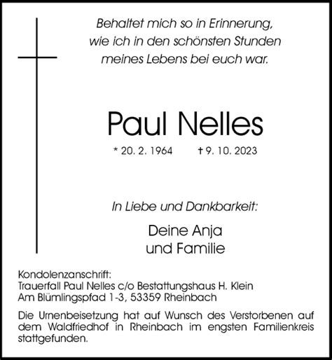 Traueranzeigen Von Paul Nelles Ga Trauer De