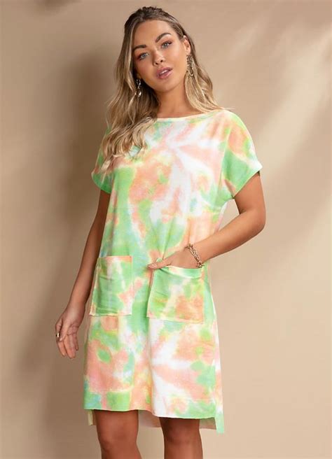 Vestido Tie Dye Verde Bolsos Frontais Quintess