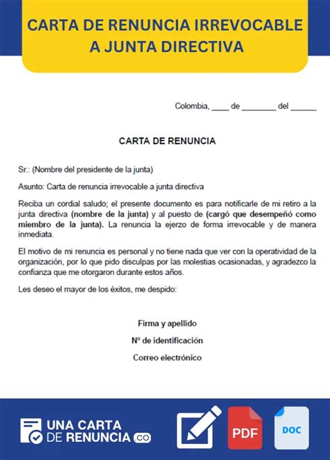ᐅ Carta de Renuncia Irrevocable a Junta Directiva