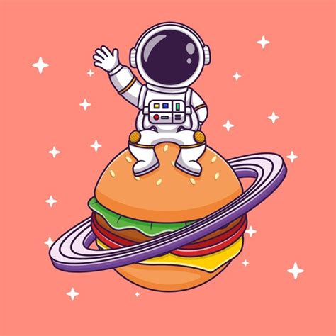 Astronauta bonito sentado no planeta hambúrguer a mão acenando
