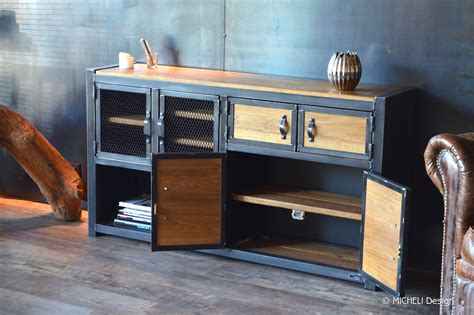 Buffet bas industriel en bois massif métal noir Hypnos sur mesure