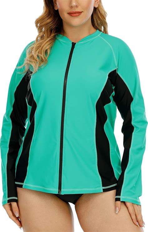 Halcurt Women Plus Size Rash Guard Swimsuit Long Sleeves Zipper