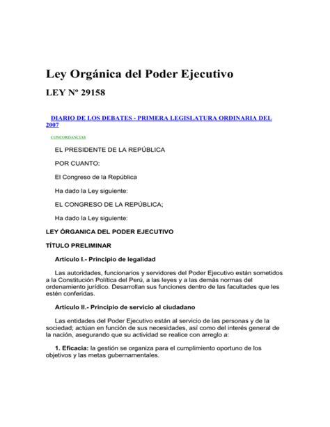 Ley N 29158 Ley Orgánica del Poder Ejecutivo