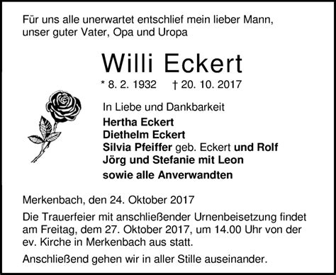 Traueranzeigen Von Willi Eckert Vrm Trauer De