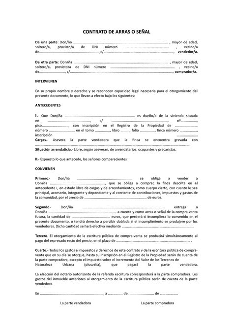 Contrato De Arras Modelo Contrato De Arras O Se Al De Una Parte Don