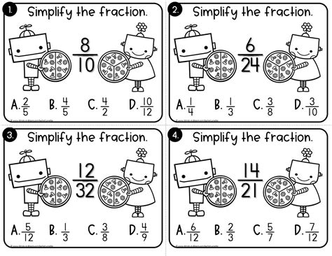 Simplifying Fractions Task Cards Multiple Choice BLACK WHITE