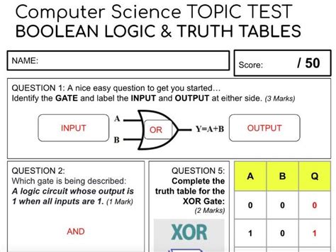 boolean logic circuits 50 mark quiz test teaching resources