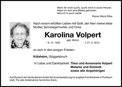 Traueranzeigen Von Karolina Volpert Trauer Nn De
