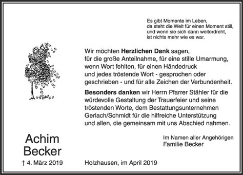Traueranzeigen Von Achim Becker Vrm Trauer De