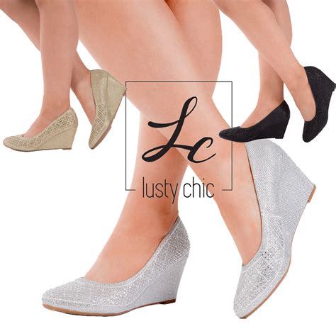 Women Gold Black Silver Court Shoes Closed TOE Wedges Platform Heels