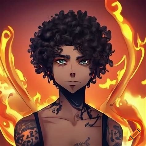Anime Art Style Dark Brown Skin Male Character With Curly Black Hair A Beard And Tattoos With