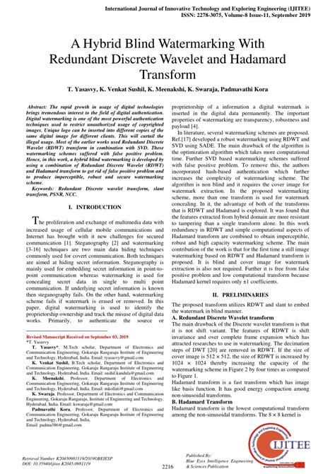 pdf a hybrid blind watermarking with redundant discrete wavelet and hadamard transform