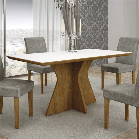 Mesa De Jantar 4 Lugares Tampo Vidro Creta Leifer Imbuia Branco Mesa