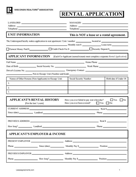 Free Wisconsin Rental Application Form PDF