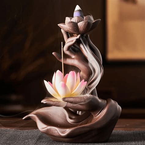 Porte Encens Bouddha Veilleuse LED en Céramique avec Fleur de Lotus