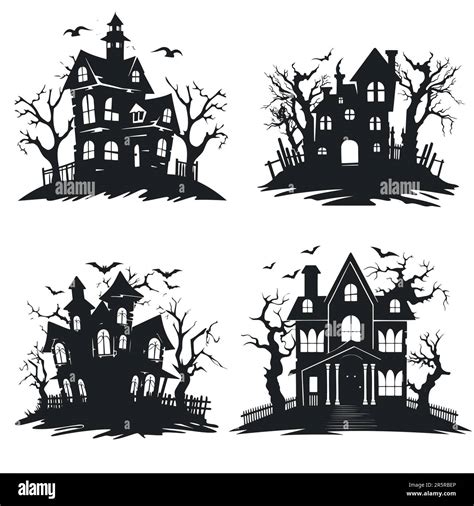 Halloween Haunted House Set Vector Silhouettes Of Scary Old Houses