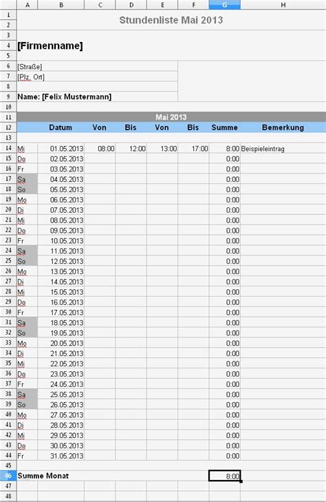 Stundenaufzeichnung Vorlage Excel Großartig Excel Stundenliste Für Den