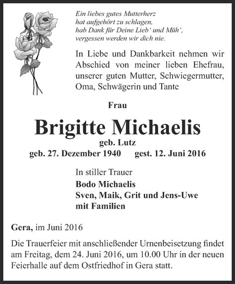 Traueranzeigen Von Brigitte Michaelis Trauer In Thueringen De