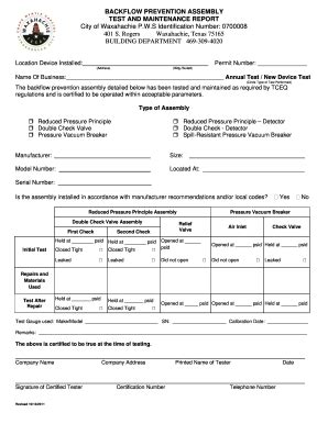 TX Backflow Prevention Assembly Test And Maintenance Report