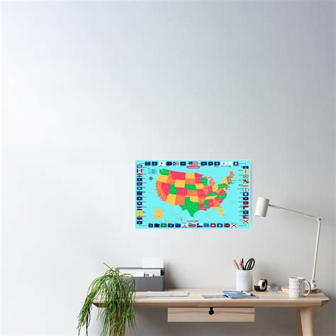 Detailed U S Map With State Flags Poster B C Lester Books